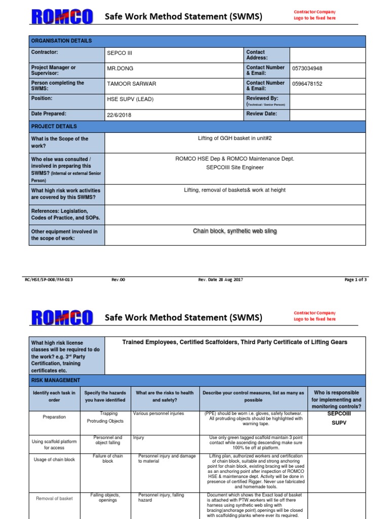 Safe Work Method Statement Format | Download Free PDF | Scaffolding ...