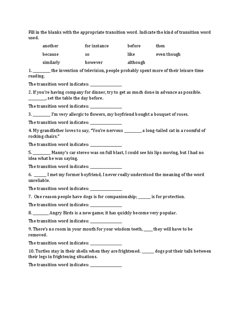 Transition Word Seatwork | PDF