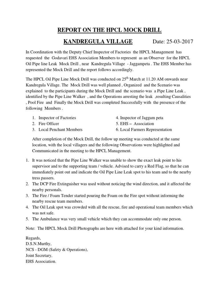 HPCL Mock Drill Report - March 2017 | PDF | Home & Garden | Science ...
