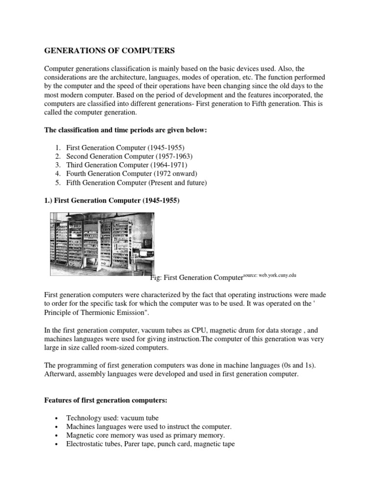 Generations of Computers: The Classification and Time Periods Are Given ...