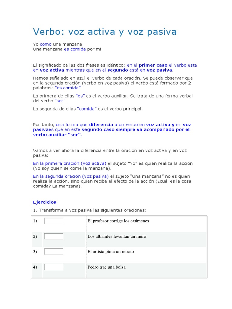 Ejercicios de voz activa y pasiva | PDF | Verbo | Sintaxis