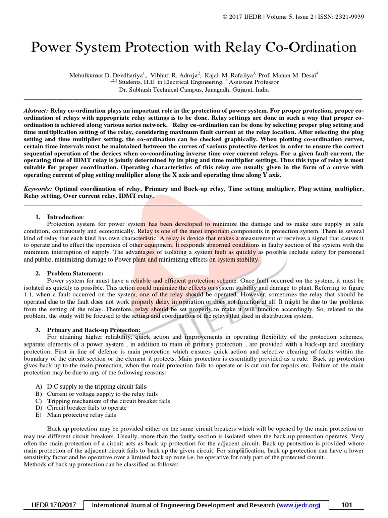 Power System Protection With Relay Co-Ordination: IJEDR1702017 101 ...