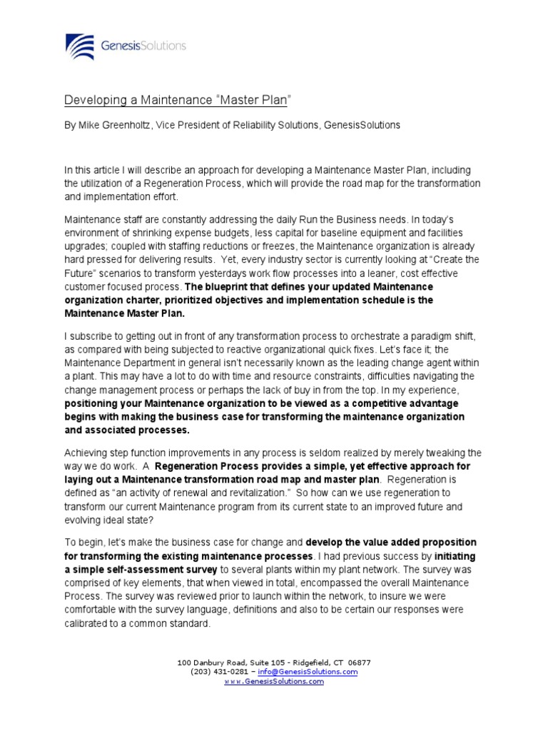 Developing A Maintenance "Master Plan": 100 Danbury Road, Suite 105 ...