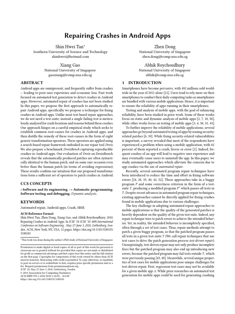 Repairing Crashes in Android Apps | PDF | Android (Operating System ...