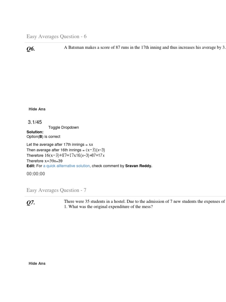 Easy Averages Question - 6: Hide Ans | PDF