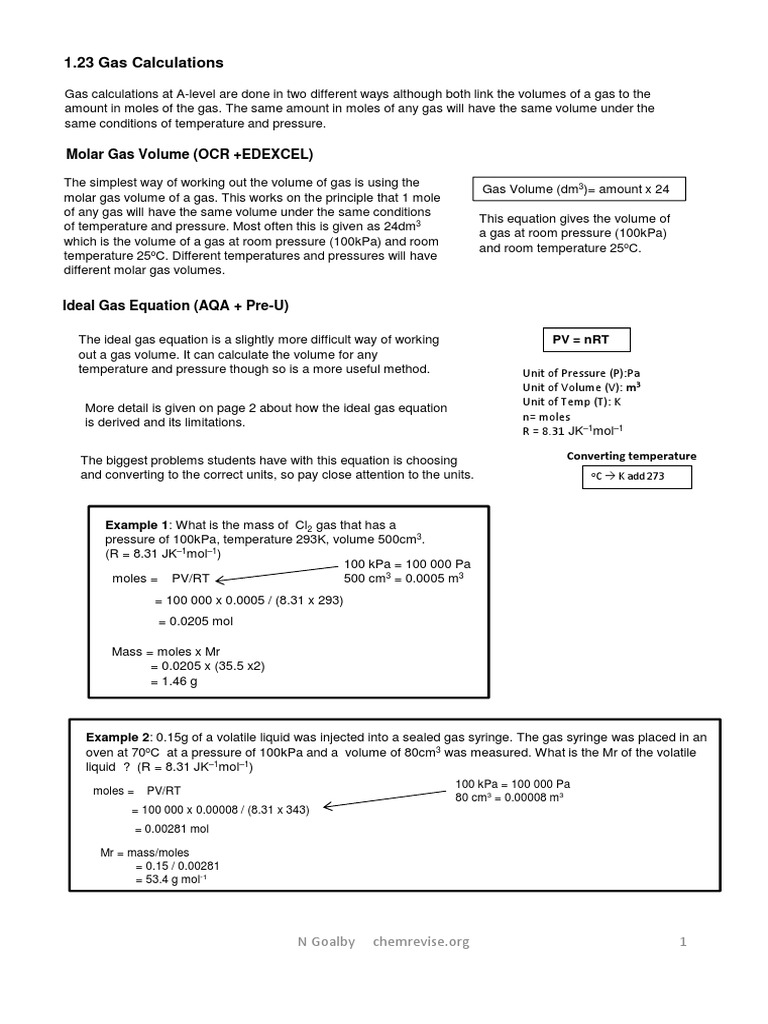 1.23 Gas Calculations: Molar Gas Volume (OCR +EDEXCEL) | PDF | Gases ...
