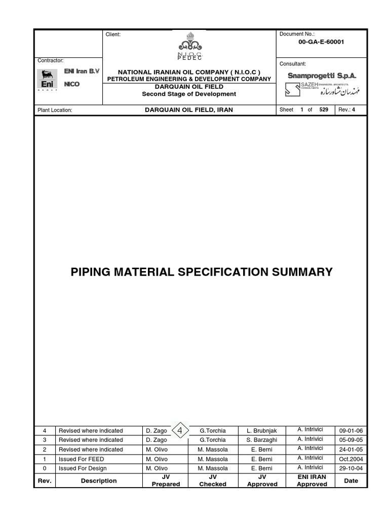 Piping Material Specification Summary: ENI Iran B.V Nico | PDF | Steel ...