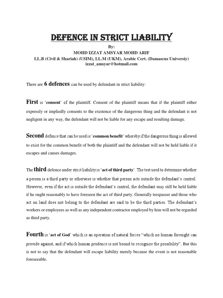 Defence in Strict Liability | PDF | Strict Liability | Negligence