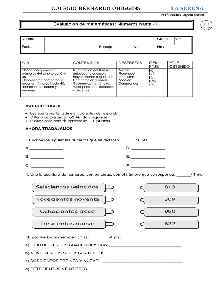 Prueba Matematicas Numeros Hasta 1000 | PDF | Enseñanza de matemática