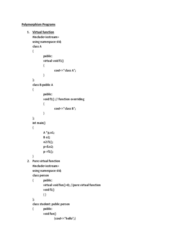 Polymorphism Programs 1. Virtual Function | PDF