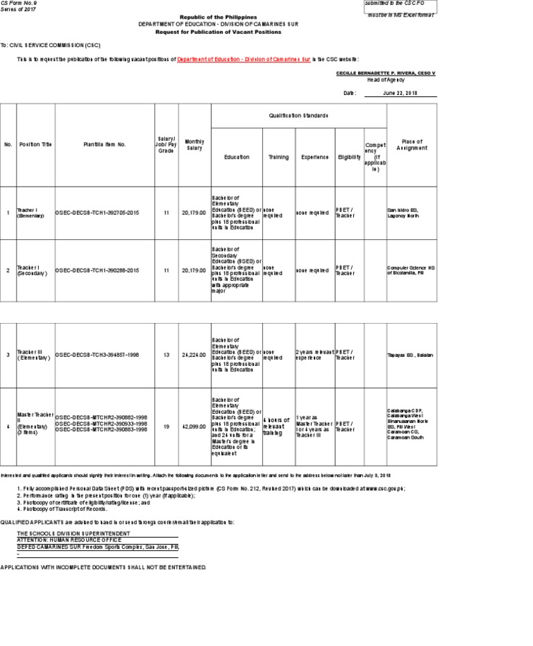 06-22-2018 BVP Deped Camsur | PDF | Academic Degree | Teachers