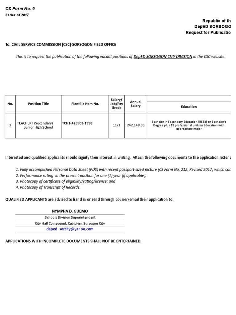 No. Position Title Plantilla Item No. Education Salary/ Job/Pay Grade ...