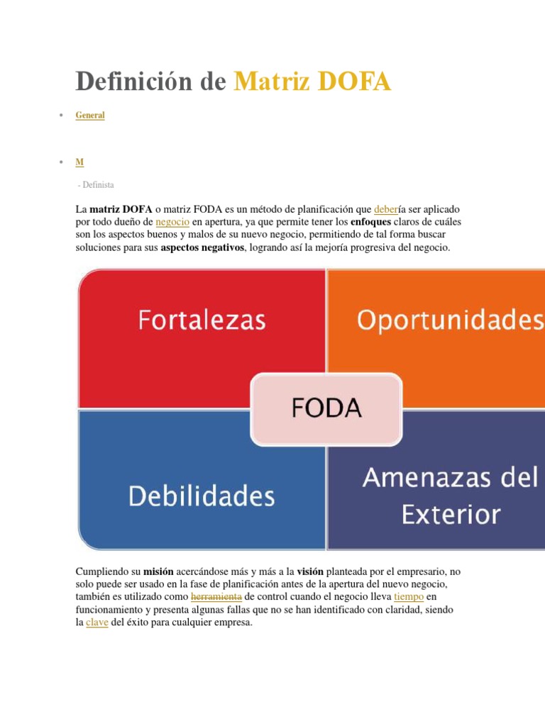 Matriz DOFA: Guía y Ejemplo Práctico | PDF | Análisis FODA | Business