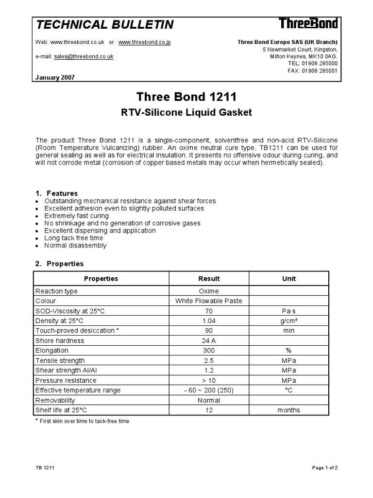 Three Bond 1211 RTV-Silicone Liquid Gasket: A Technical Bulletin ...