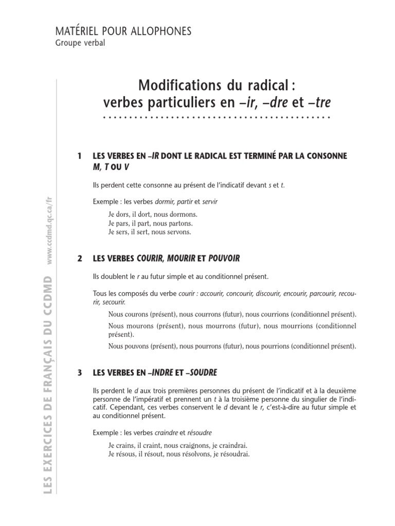 Verbes en -ir, -dre et -tre : Guide | PDF | Verbe | Philologie