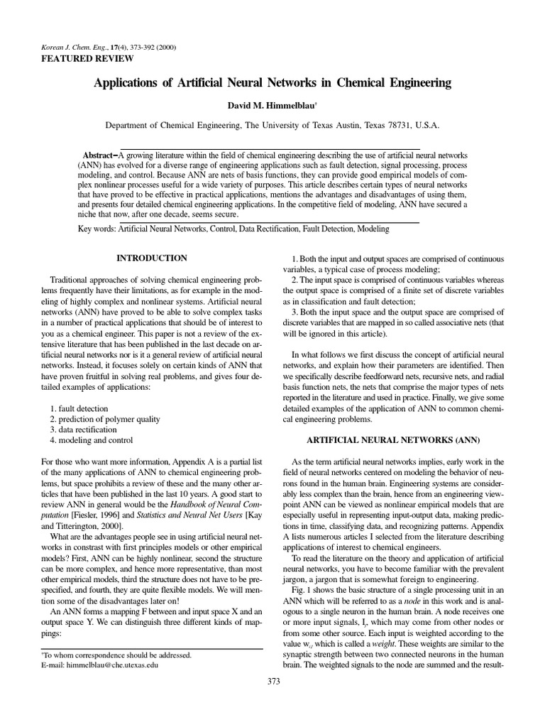 Article - Applications of Artificial Neural Networks in Chemical Engineering | PDF | Artificial ...