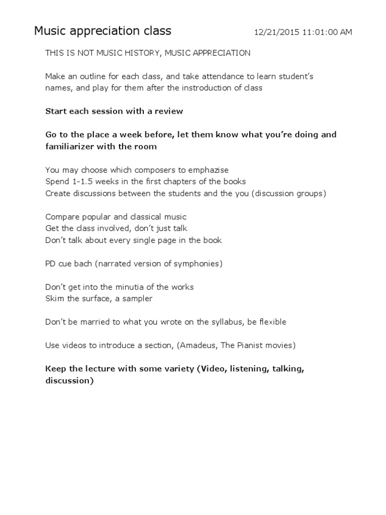 Music Appreciation Class Outline and Guide | PDF | Tempo | Classical Music