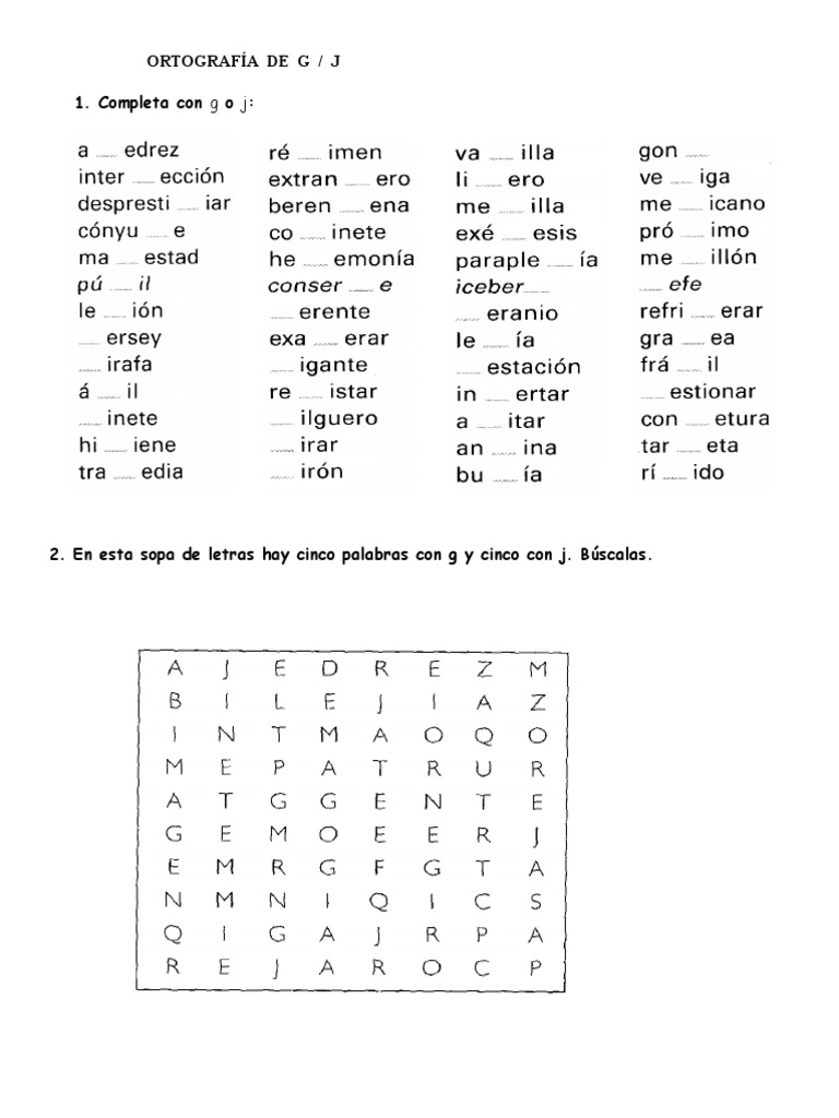 OrtografÍa de G J - Ejercicios | PDF