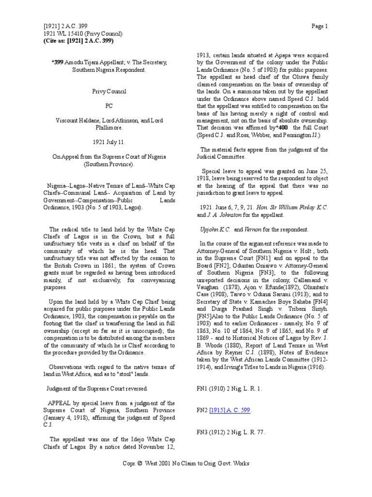 II Amodu Tijani V Secretary of Southern Nigeria-1 | PDF | Judgment (Law ...