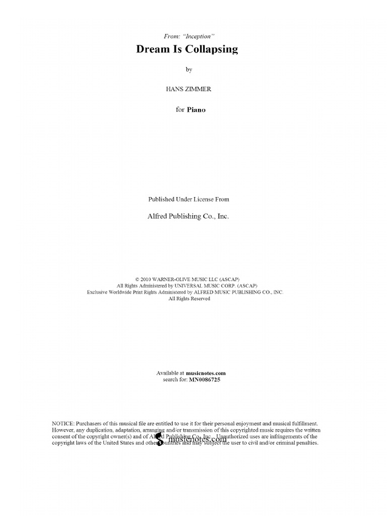 Dream Is Collapsing - From 'Inception' Sheet Music (Piano Solo | PDF