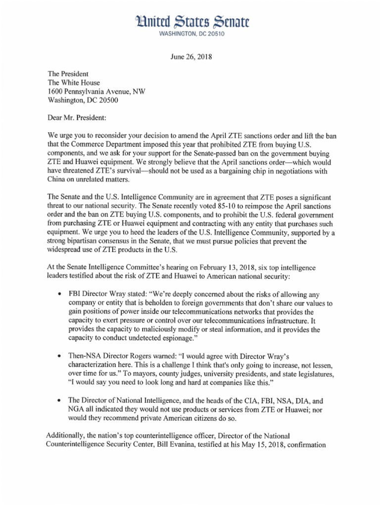 Warner-Rubio Letter To President Trump On ZTE and Huawei | PDF