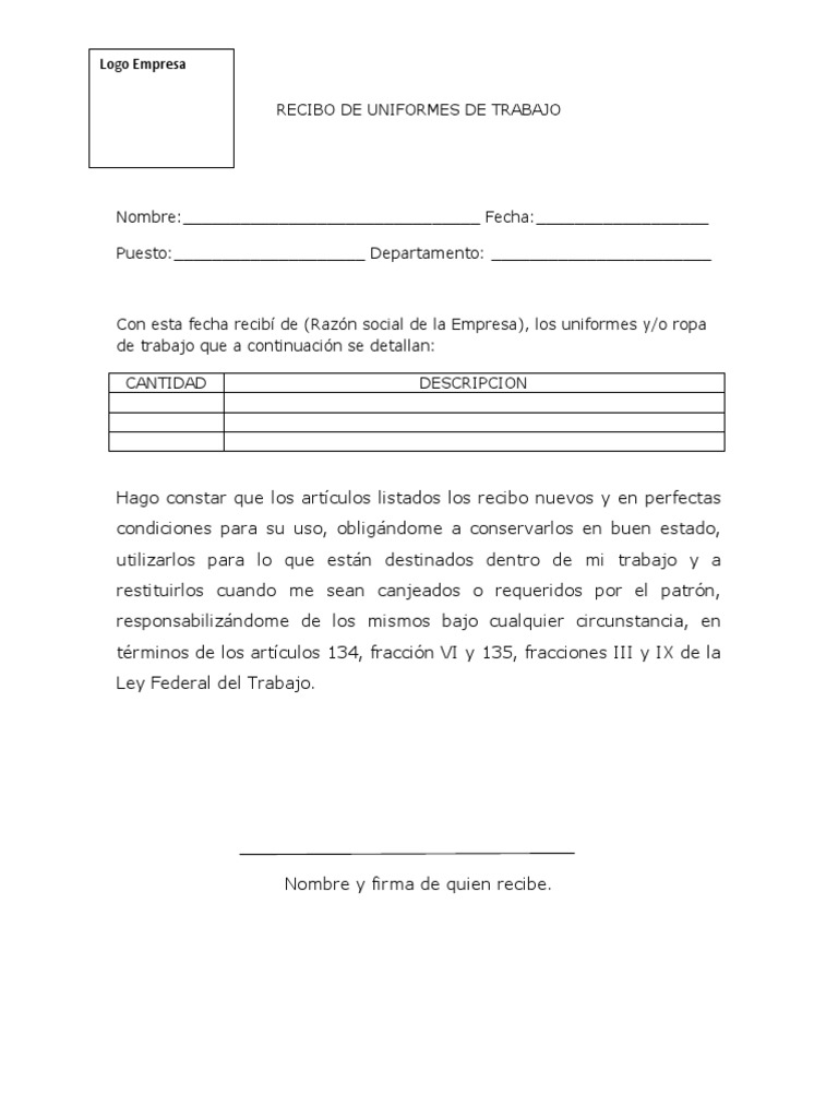 Recibo de Uniformes de Trabajo | PDF