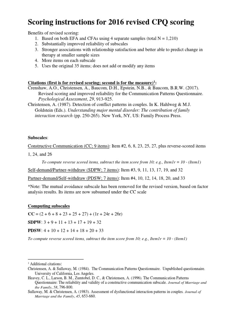 Communication Patterns Questionnaire 2016 Revision | PDF ...