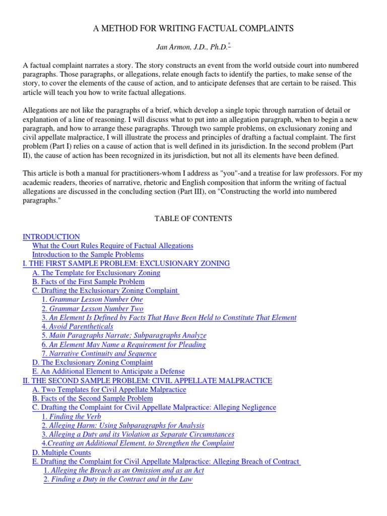 A Method For Writing Factual Complaints | PDF | Pleading | Equal ...
