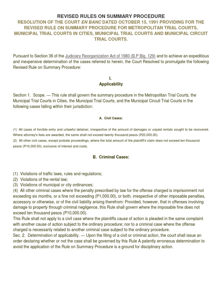 Revised Rules on Summary Procedure | PDF | Government Institutions ...