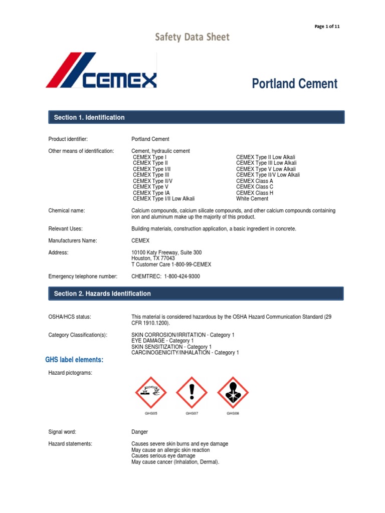 Portland Cement Sds | PDF | Personal Protective Equipment | Toxicity