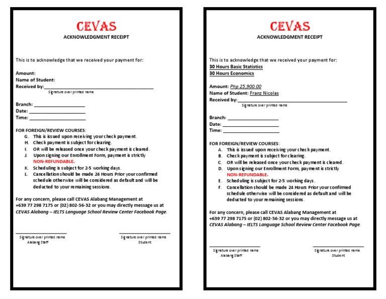 Check Acknowledgement Receipt | Cheque | Receipt