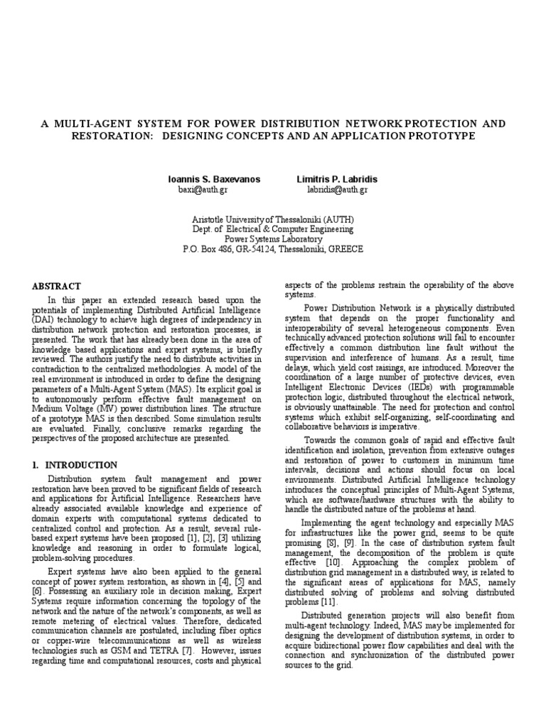 A Multi Agent System For Power Distribution Network Protection And Restoration Designing