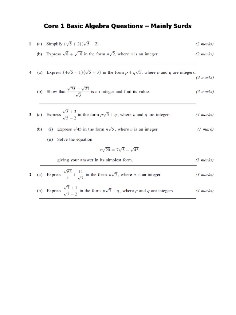 Core 1 Basic Algebra Questions - Mainly Surds | PDF