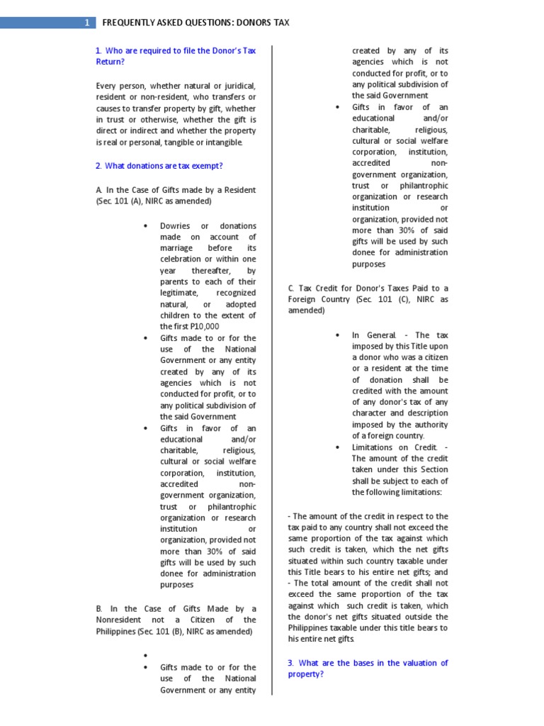 Donor's Tax FAQs and Exemptions Guide | PDF | Taxation In The United ...
