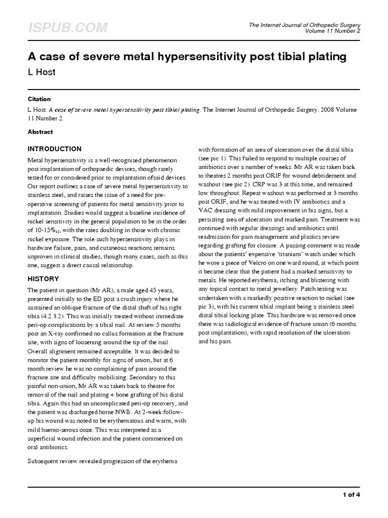 Severe Metal Hypersensitivity Case After Tibial Plating | PDF ...