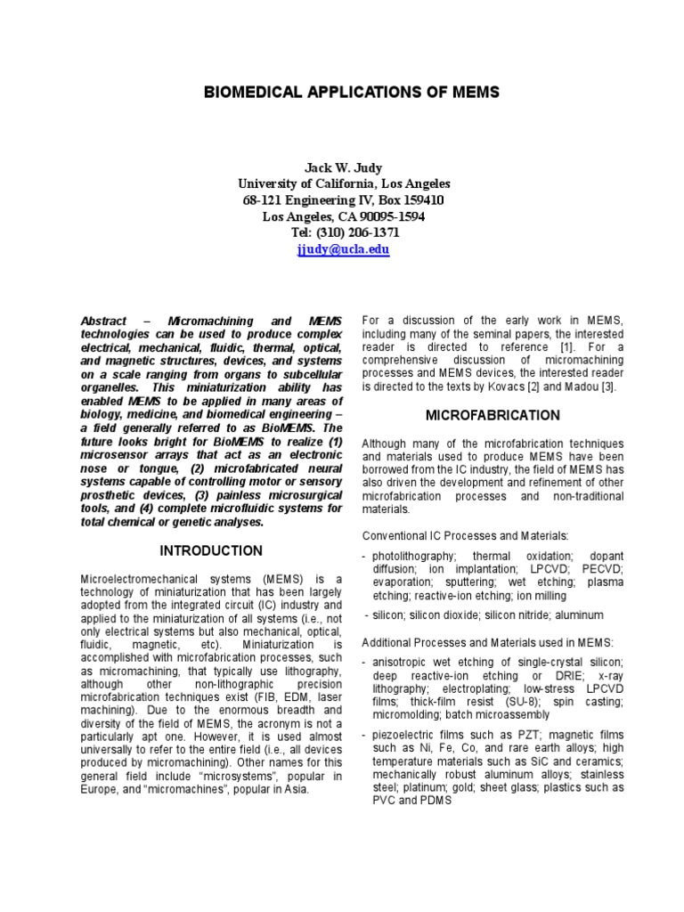 Biomedical Applications of Mems | PDF | Microelectromechanical Systems ...
