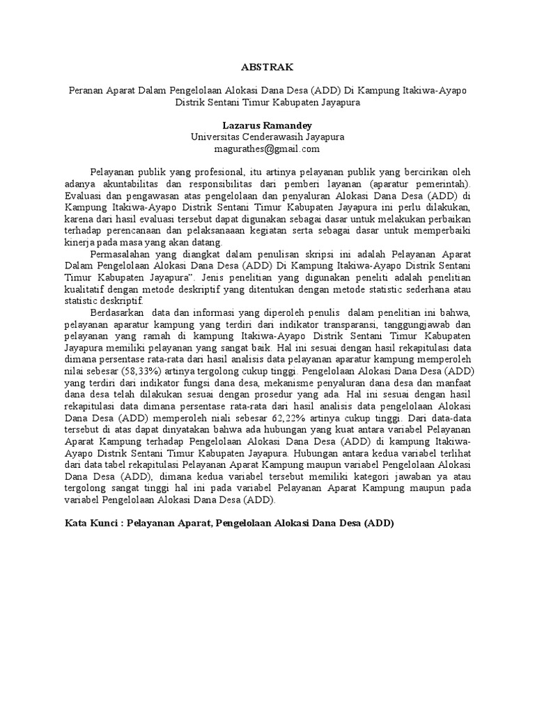 Peranan Aparat Dalam Pengelolaan Alokasi Dana Desa (ADD) Di Kampung ...