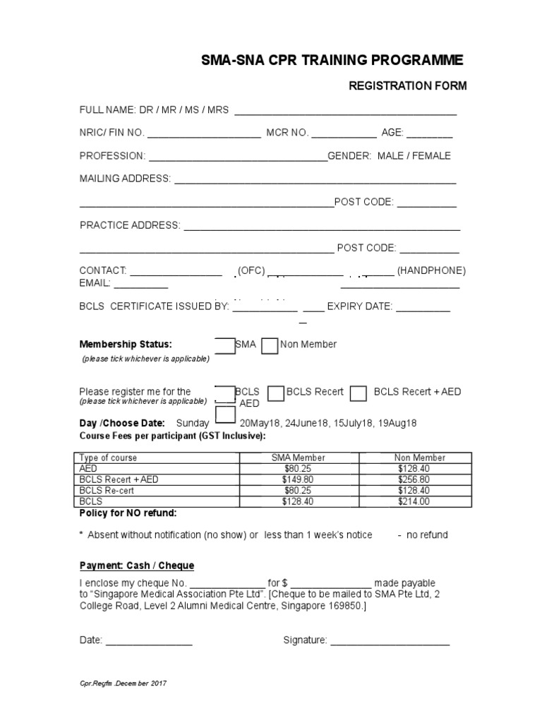 CPR Training Registration Form | PDF | Finance & Money Management