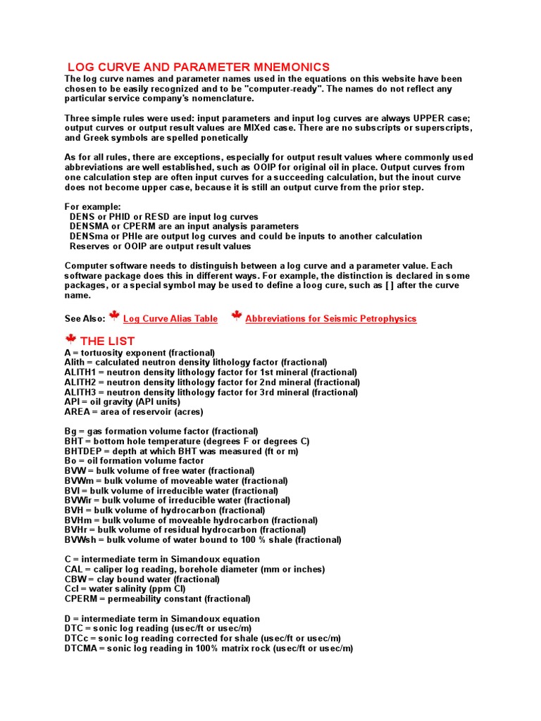 Log Curve and Parameter Mnemonics | Download Free PDF | Porosity ...