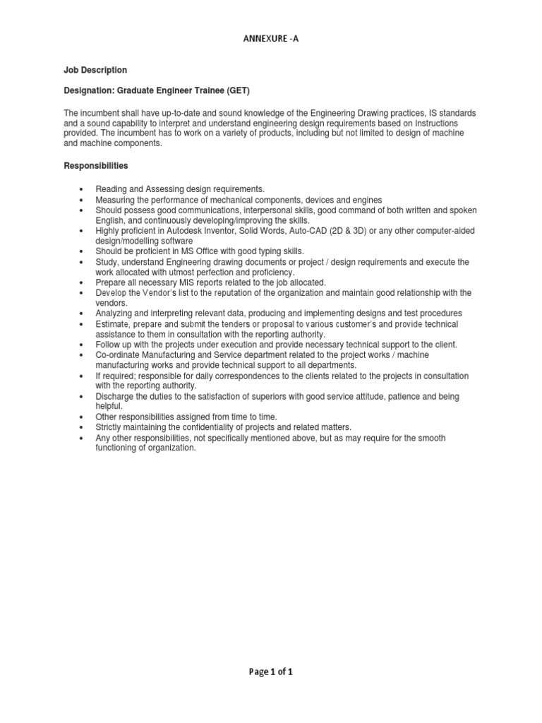 Job Description Designation: Graduate Engineer Trainee (GET) | PDF ...