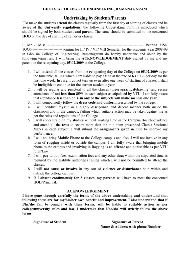 Student Undertaking Form | Download Free PDF | Fee | Government Information