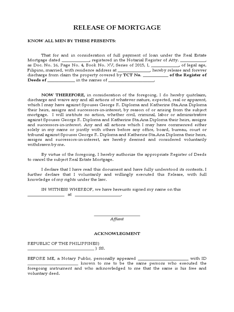 Release of Mortgage | PDF | Mortgage Law | Deed