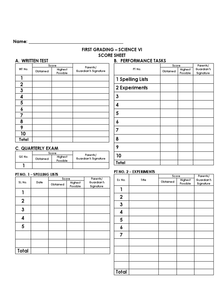 Score Sheet Science | PDF | Schools | Learning