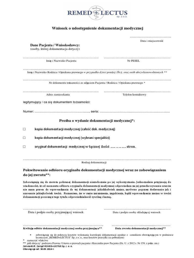 Wniosek o Udostepnienie Dokumentacji Medycznej | PDF