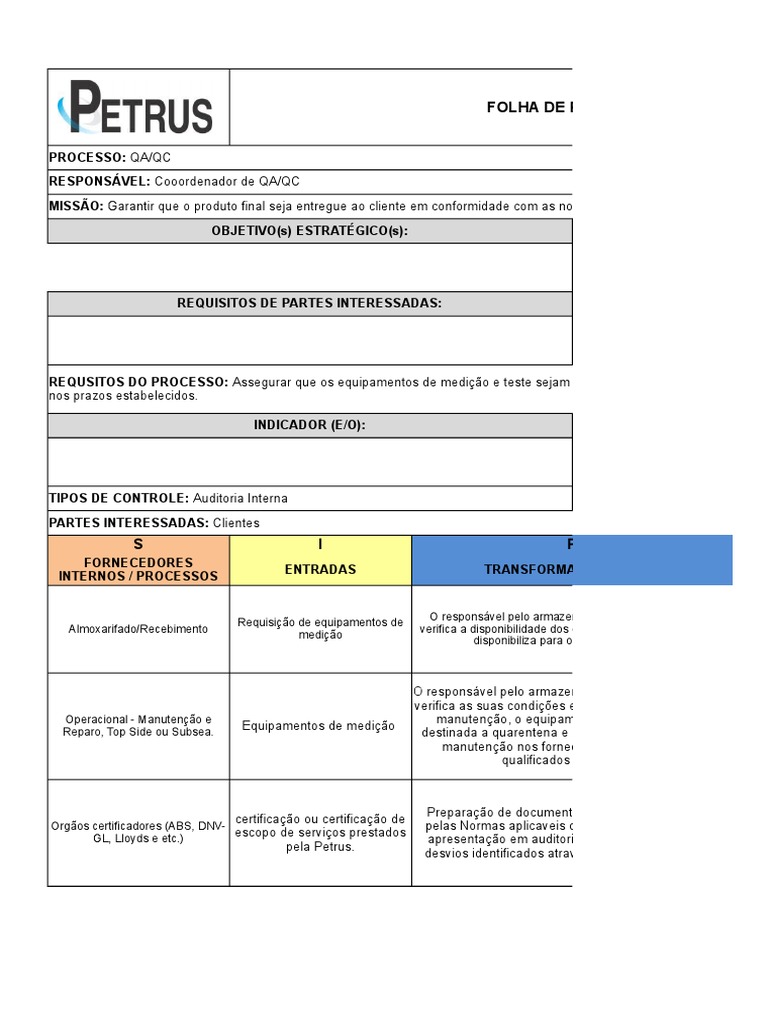 Folha de Processo - Qa-Qc | PDF | Auditoria interna | Planejamento