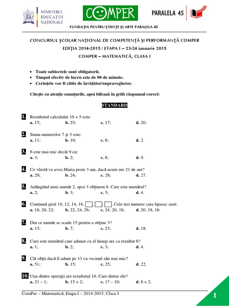 Subiect Si Barem Matematica Etapa I Clasa I 14-15 | PDF