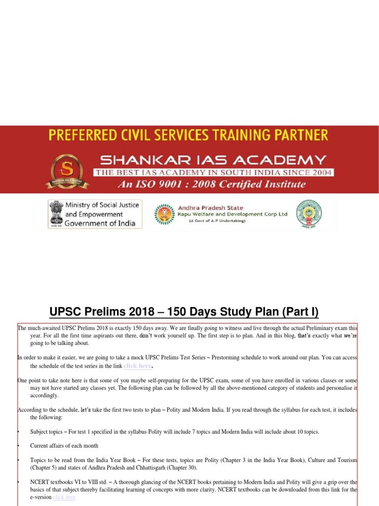 UPSC Prelims 2018 - 150 Days Study Plan (Part I) | PDF | Test ...