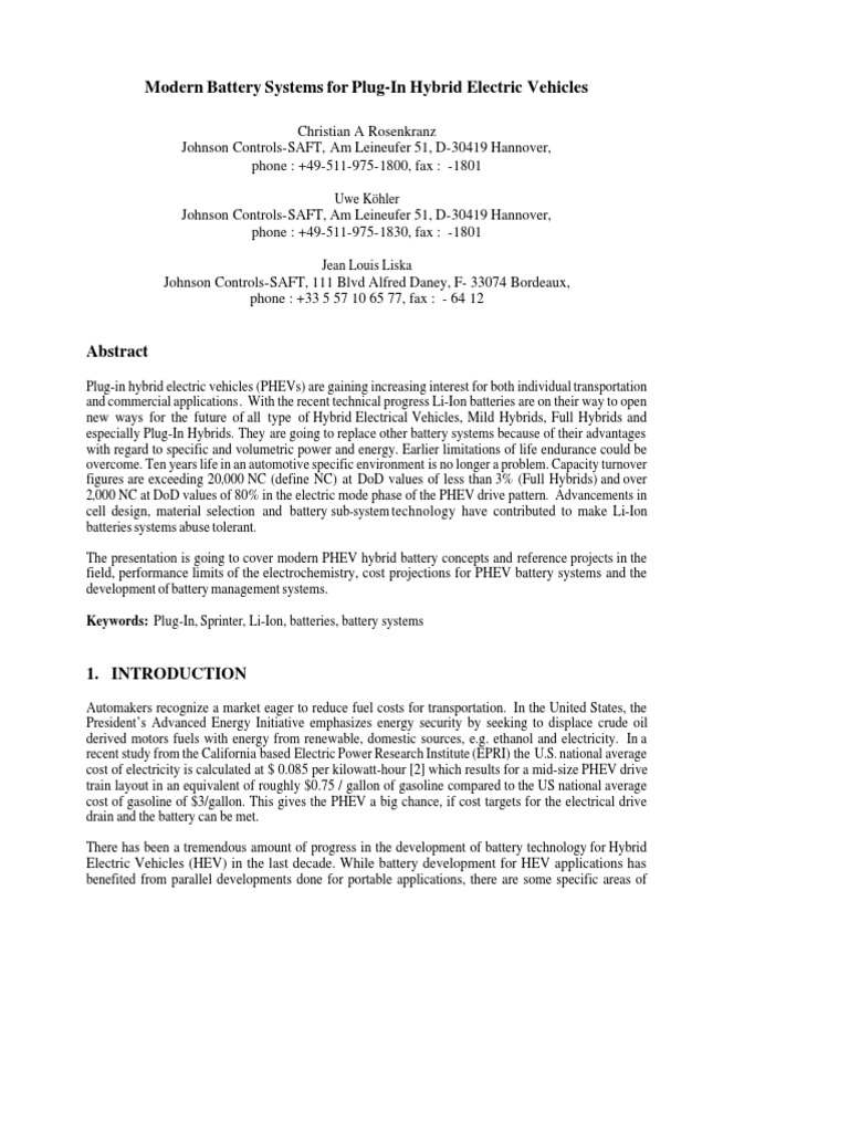 Modern Battery Systems For Plug in Hybrid Vehicles | PDF | Lithium Ion ...