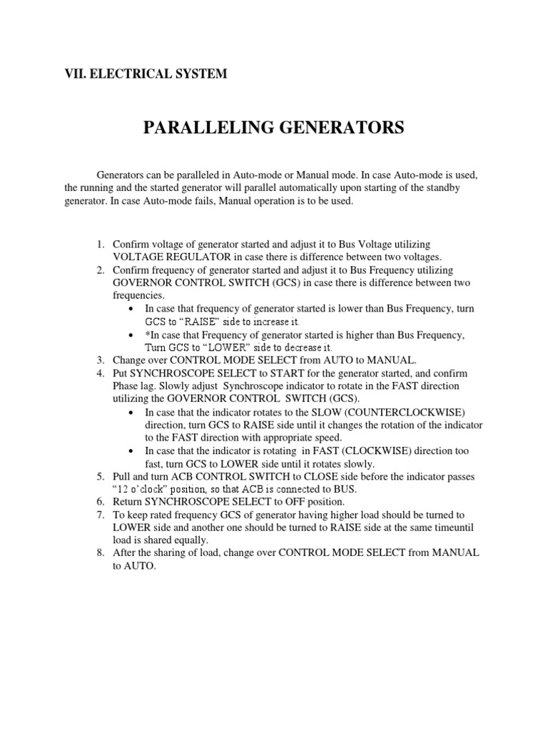 Paralleling Generators Electrical System | PDF