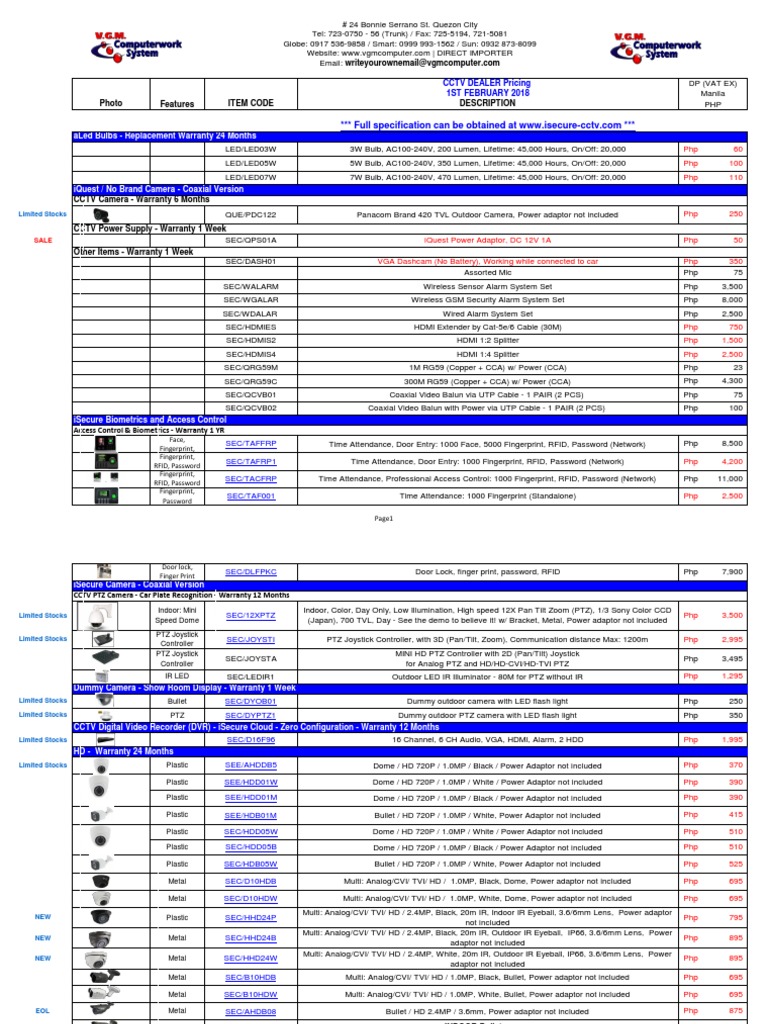 CCTV Price List - 02!01!18 DP | PDF | Power Supply | Electrical Connector